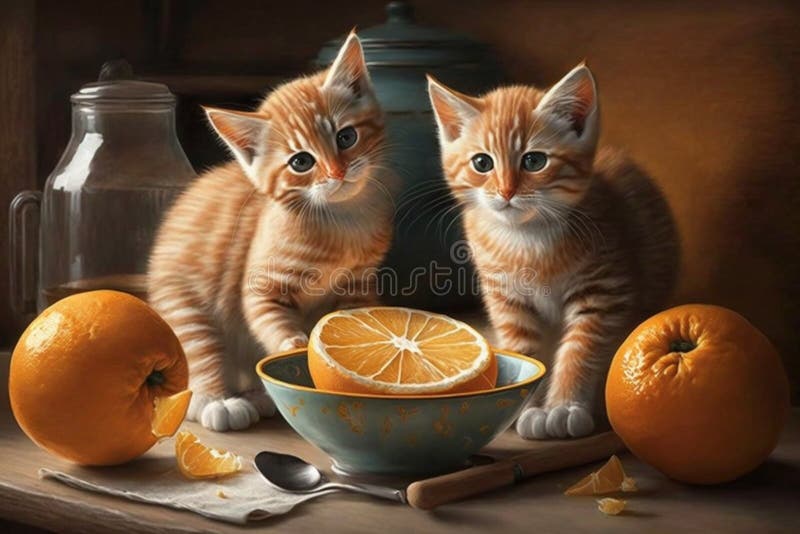 Two Kittens on a Table with Oranges, Digital Art, AI Generated Stock ...