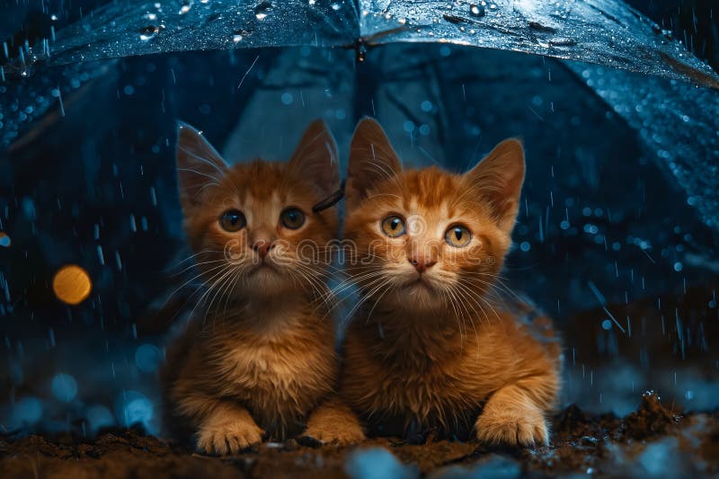 Two Kittens Under an Umbrella in the Rain. Generative AI Stock Photo ...