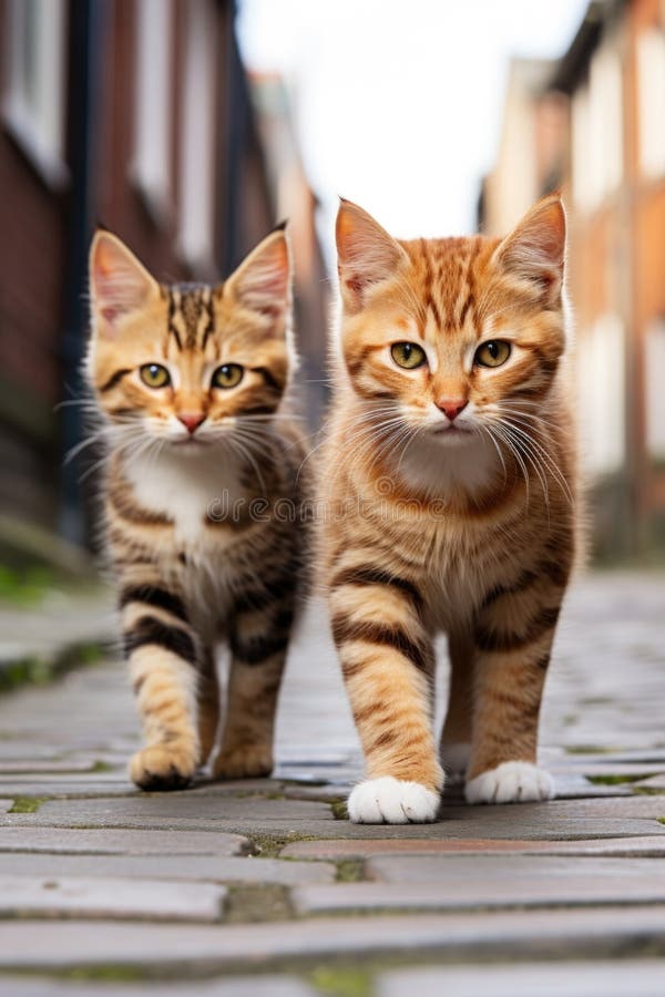 Two Kittens Walking Down a Cobblestone Street Stock Photo - Image of ...