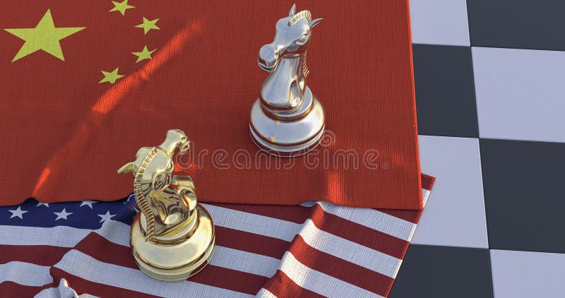 Two Knight Chess Pieces Standing on American Flag and China Flag Stock ...