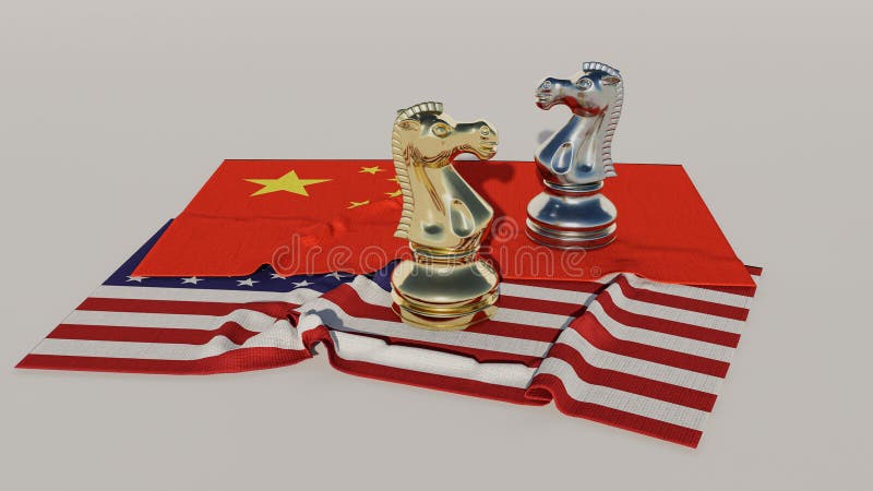 Two Knight Chess Pieces Standing on American Flag and China Flag Stock ...