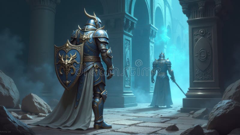 Two Knights in Ancient Hallway Stock Illustration - Illustration of ...