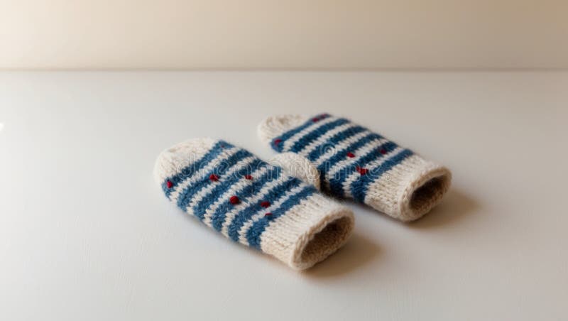 Two Knit Mittens with a Blue and White Stripe and Red Dots Stock Image ...