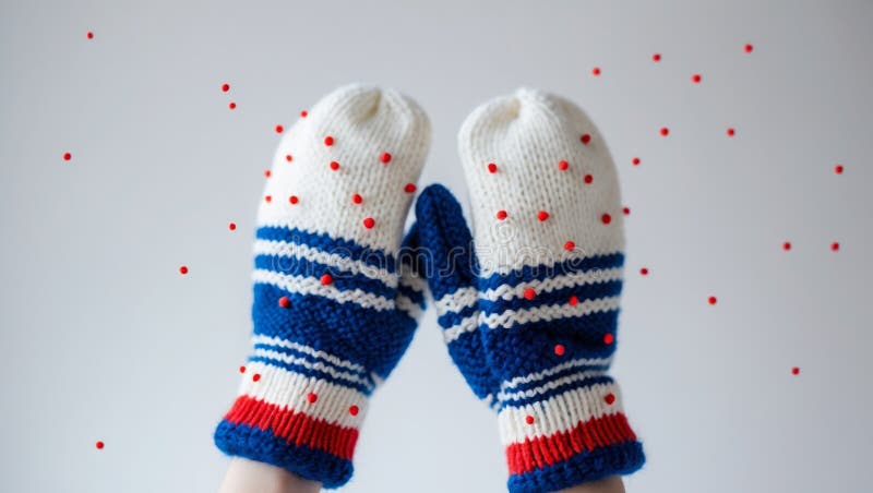 Two Knit Mittens with a Blue and White Stripe and Red Dots Stock Photo ...