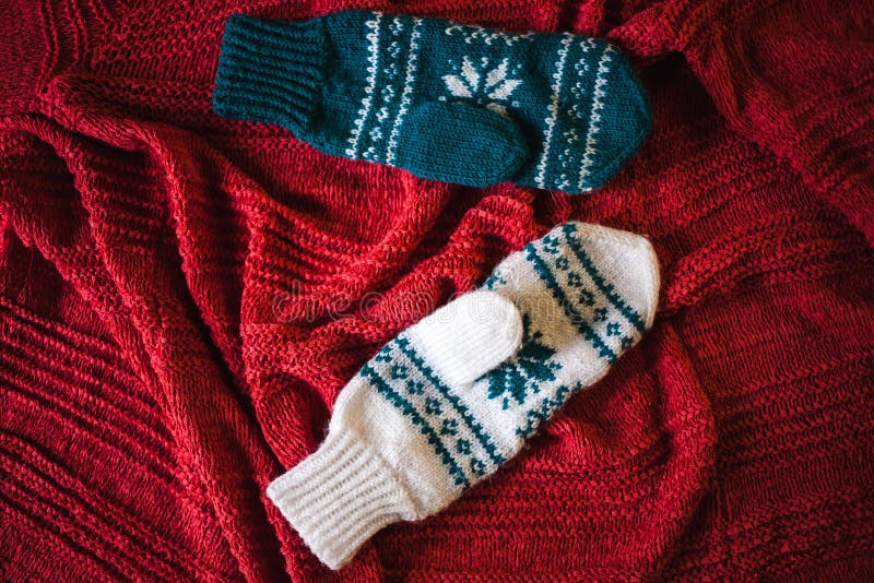 Two knitted mittens. stock photo. Image of jacquard - 108496060