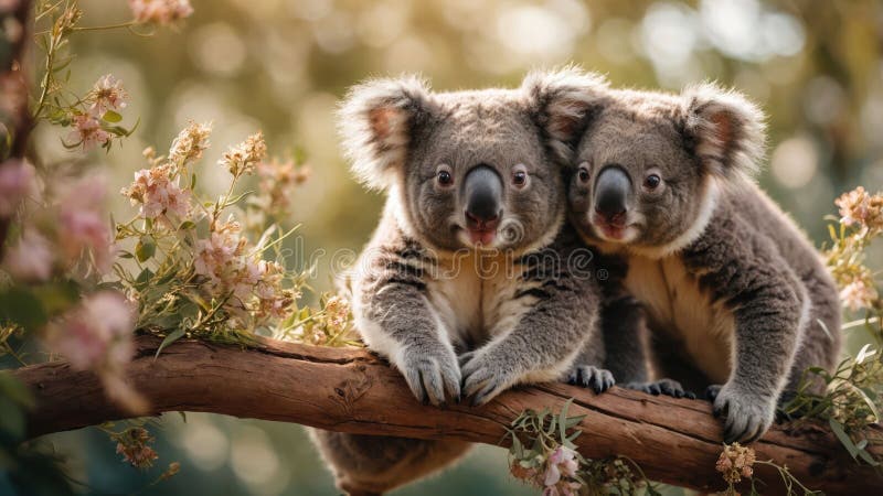 Adorable Koala Couple Embracing on a Branch with Delicate Blossoms ...