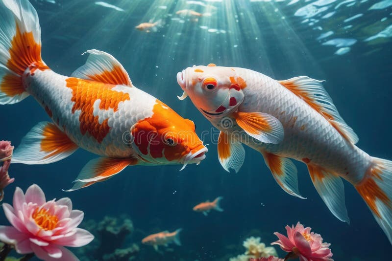 Two Koi Carp Swim among the Flowers Under the Rays Stock Illustration ...