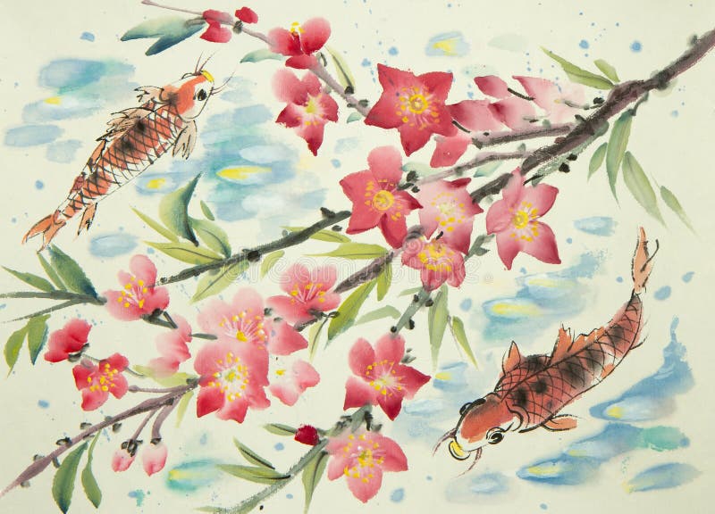 Two Koi Fish and a Branch of Blossoming Peach Stock Illustration ...