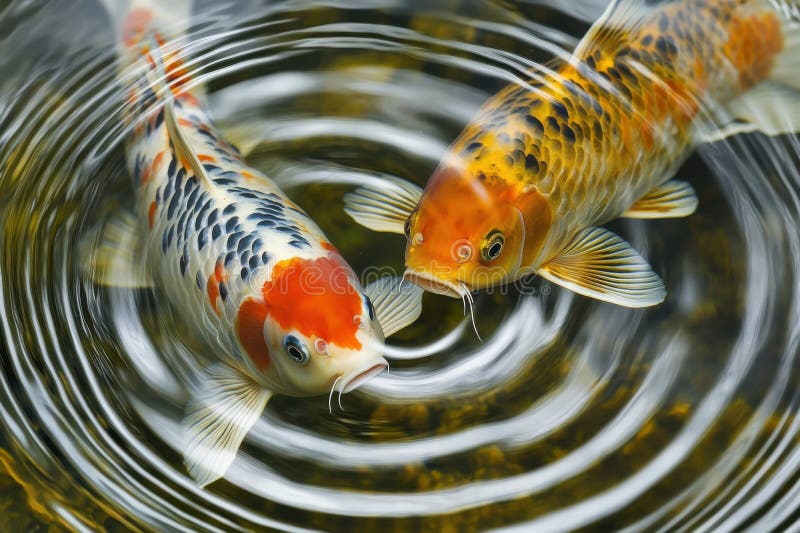 Two Koi Fish Interact in a Picturesque Pond Creating Mesmerizing Wave ...