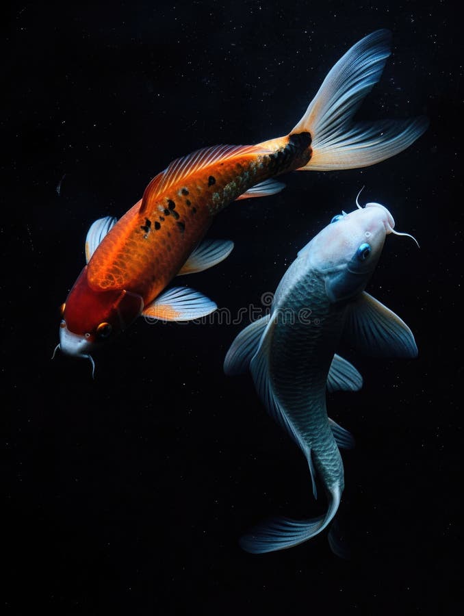 Two Koi Fish Swimming in a Dark Tank Stock Image - Image of culture ...