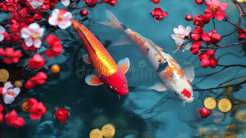 Two Koi Fish Swimming in a Pond with Blooming Flowers Stock ...