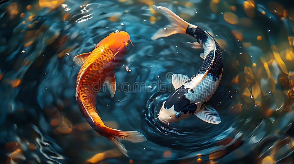 Two Koi Fish Swimming in a Pond, Creating Ripples Stock Illustration ...