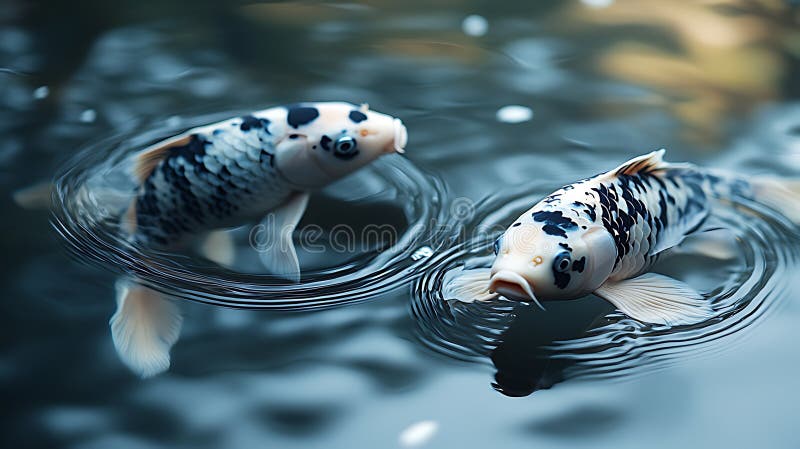 Two Koi Fish Swimming in a Pond, Creating Ripples in the Water Stock ...
