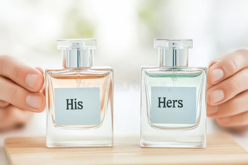 Two Labeled Perfume Bottles Marked "His" and "Hers," Held Gently by ...