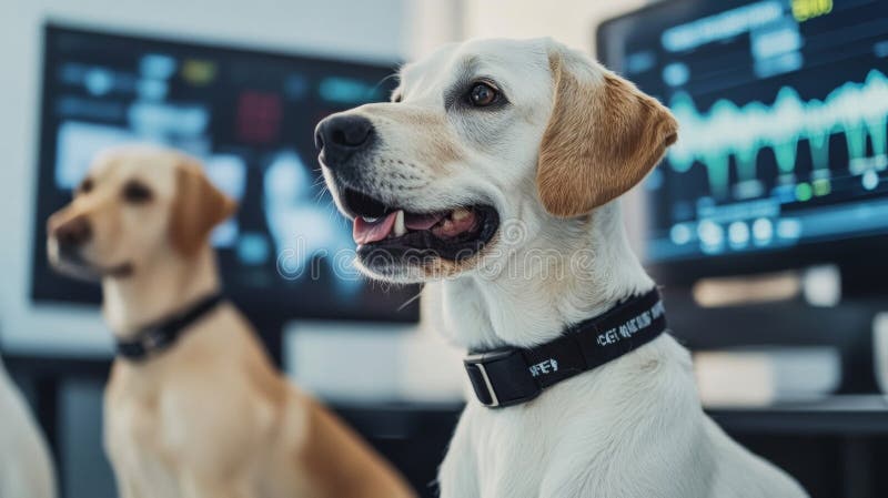 Two Labrador Retrievers Sitting in Modern Office Setting Stock ...