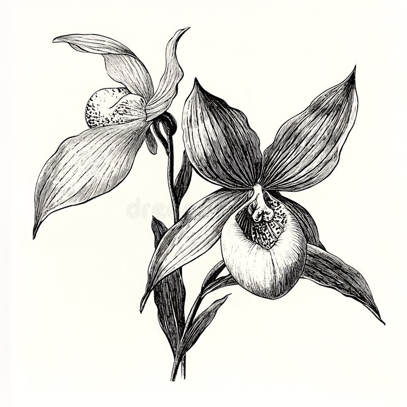 Two Lady Slipper Orchids, Monochrome Botanical Illustration Stock ...