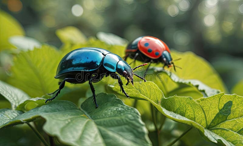 Two Ladybug Bugs are Sitting on a Leaf in the Sunlight. Stock ...