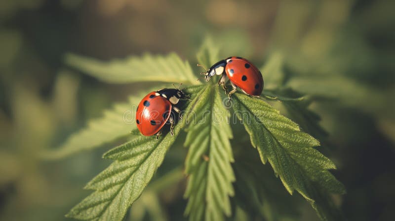 Two Ladybug Insects Sit on the Surface of a Green Leaf Stock Photo ...