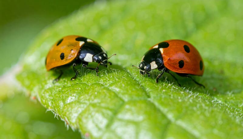 Two Ladybugs on a Green Leaf, Closeup View of Nature S Tiny Wonders Two ...