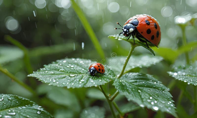 Two Ladybugs on Leaf in the Rain Stock Illustration - Illustration of ...