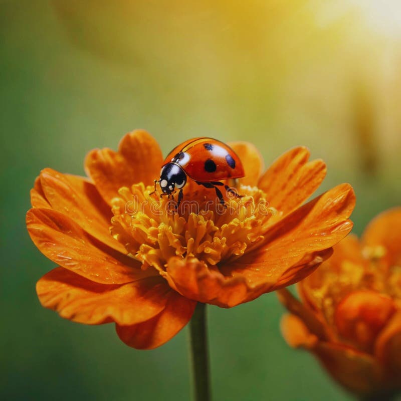 Two Ladybugs on a Orange Spring Flower. Flight of an Insect. Artistic ...