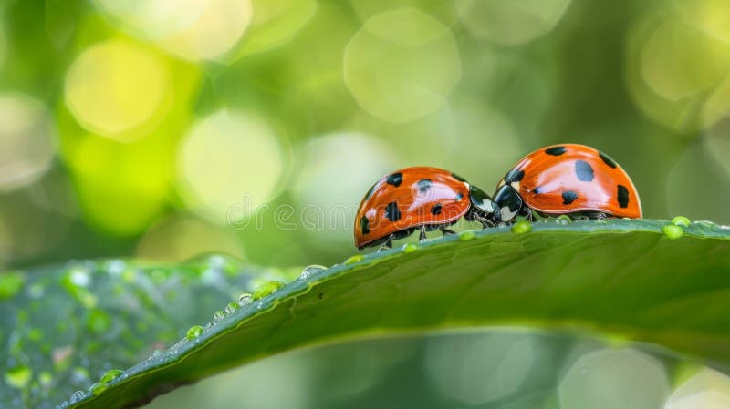 Two Ladybugs Sitting on Top of a Green Leaf Stock Image - Image of ...
