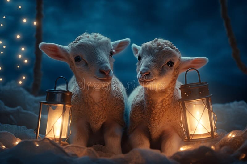 Two Lambs, a Glowing Lantern, and a Celestial Blue Setting Stock ...