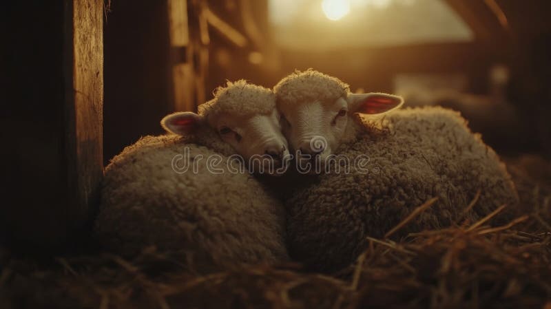 Two Lambs Huddle Together in Warm Golden Light Stock Illustration - Illustration of agriculture ...