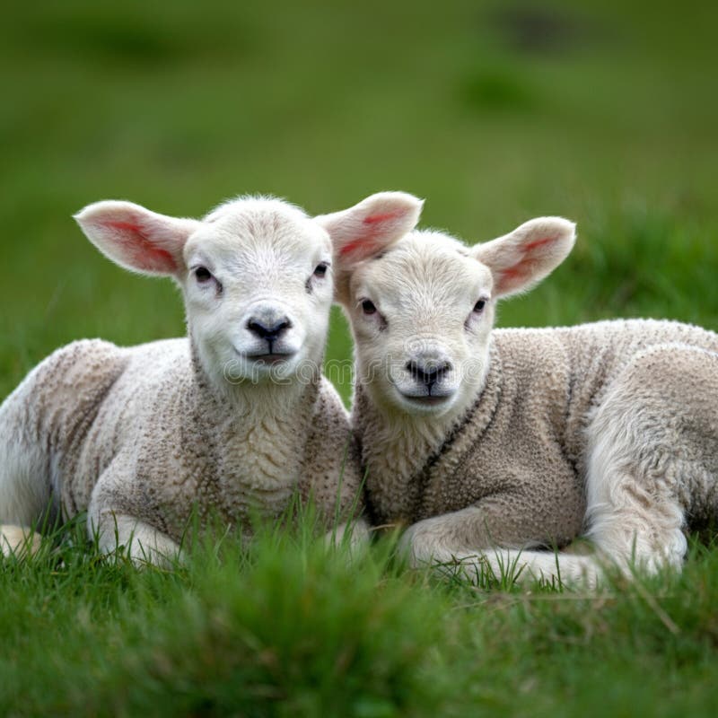 Two Lambs are Lying on the Grass, Side by Side, with Their Woolly Coats ...