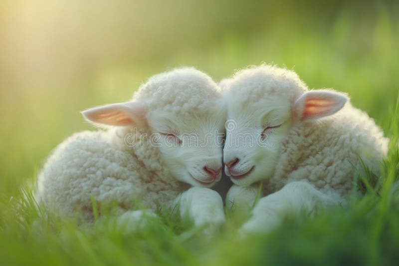 Two Lambs Sleeping Together in Green Meadow at Sunset Stock Illustration - Illustration of ...