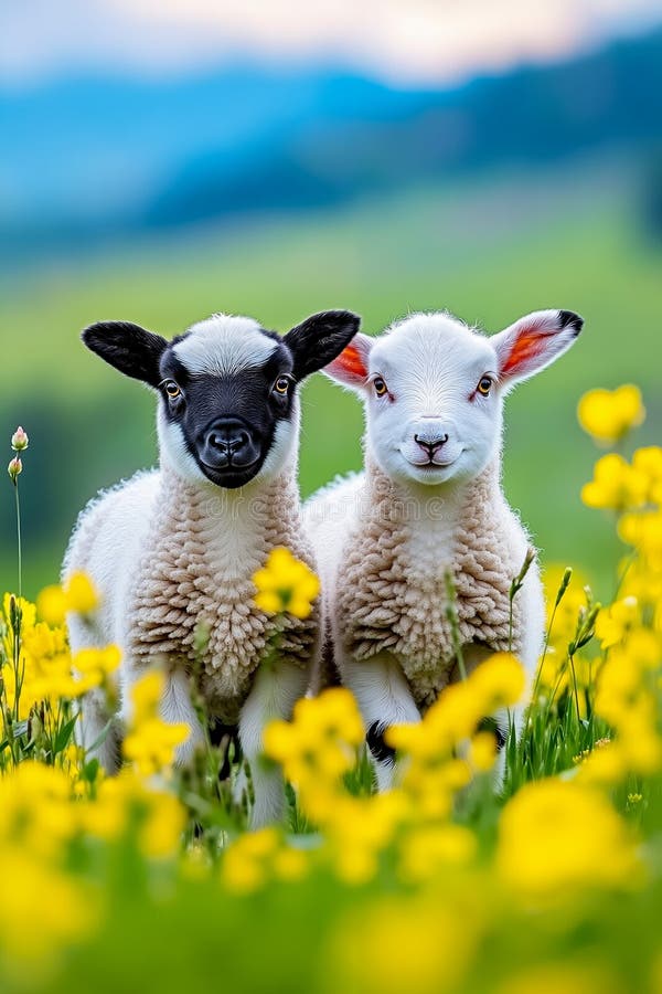 Two Lambs Standing in a Field of Yellow Flowers Stock Photo - Image of looking, flower: 388468056