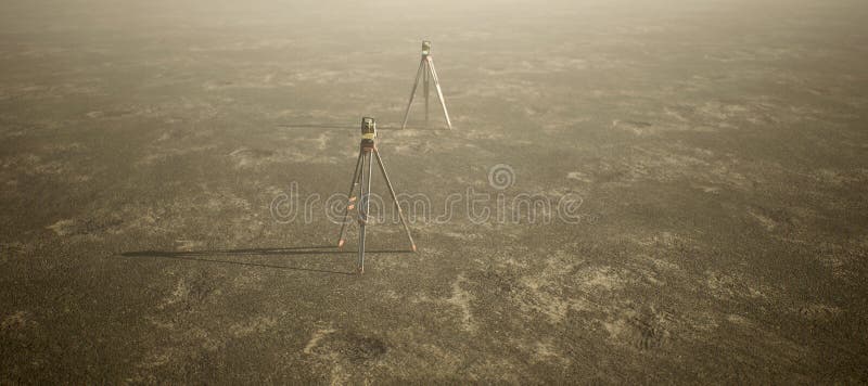 Two Land Surveyors on Tripod Standing on Wide Open Flat Landscape ...