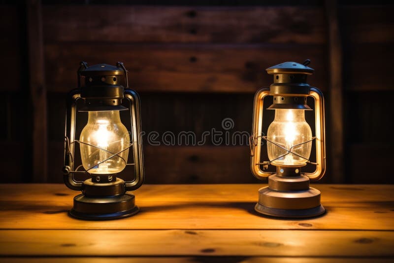 Two Lanterns Casting Identical Lights on a Wooden Table Stock Photo ...