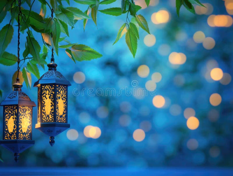 Two Lanterns Hanging from a Tree Branch in a Blue Sky Stock Photo ...