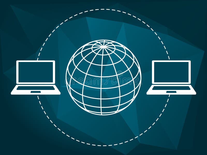 Two Laptop Computers Communicate Wireless Around a Globe on a Blue Low ...