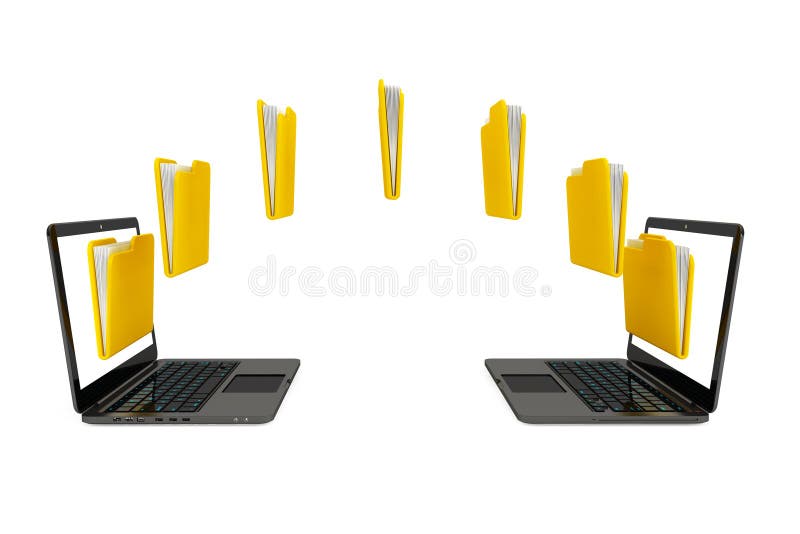Two Laptop Computers with Folders Transferring between Each Other Stock ...