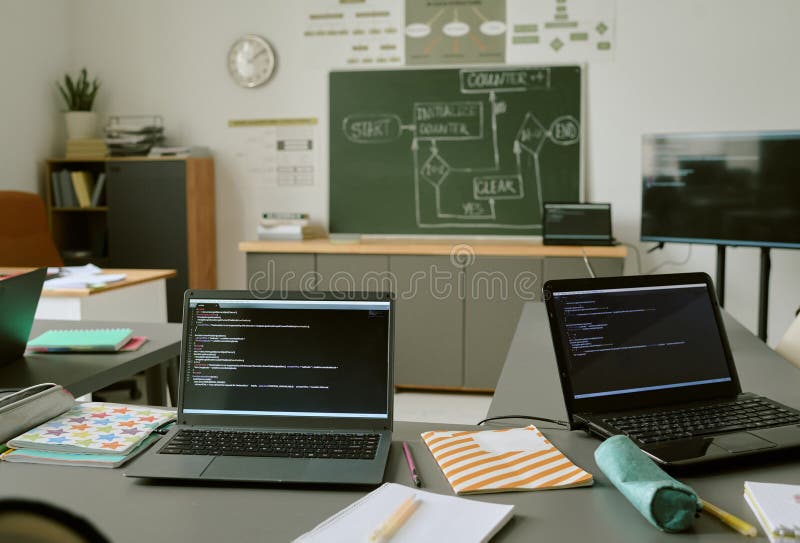 Two Laptops Displaying Programming Code in Classroom during Lesson Stock Photo - Image of ...