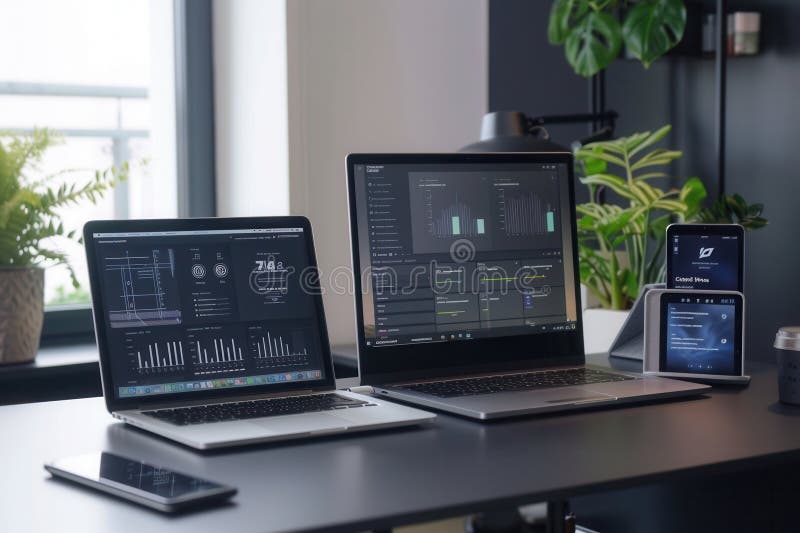 Two Laptops and a Tablet Displaying Vibrant Apps and Work Processes on ...