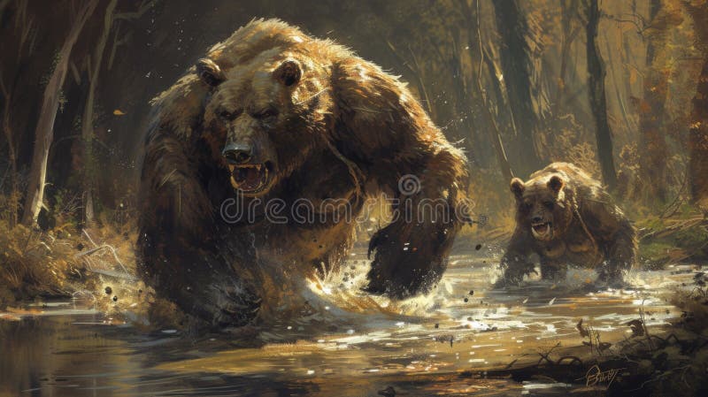 Two Large Bears are Running through a Forest in the Water, AI Stock ...