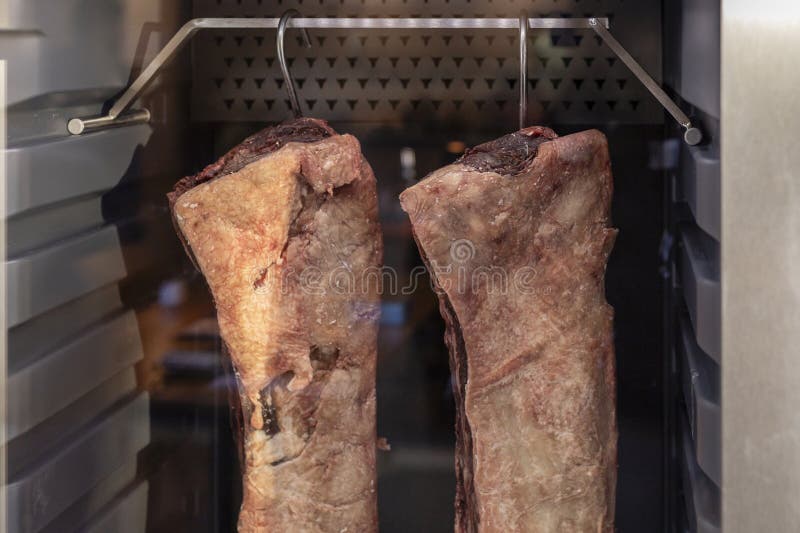 Two Large Beef Cuts Hang Inside a Dry Aging Fridge, Showcasing the ...