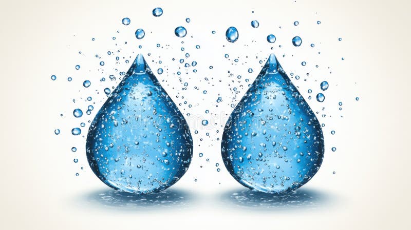 Two Large Blue Water Drops with Smaller Droplets on White Background ...