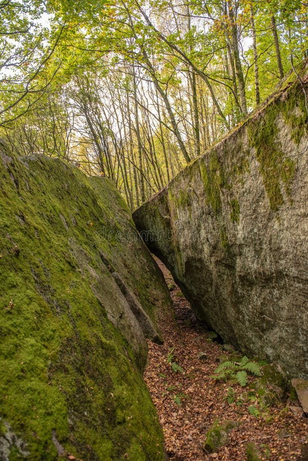Two Large Boulders Creating a Narrow Passage.. Stock Image - Image of ...