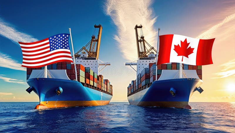 Two Large Cargo Ships Docked at Port with City Skyline and USA and ...