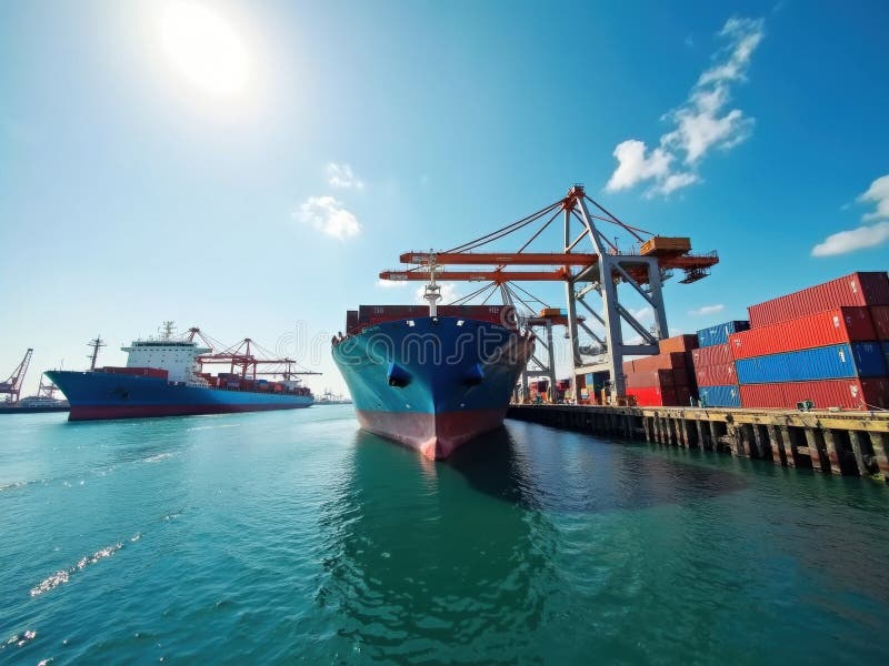 Two Large Cargo Vessels are Docked at the Port, Surrounded by Colorful ...