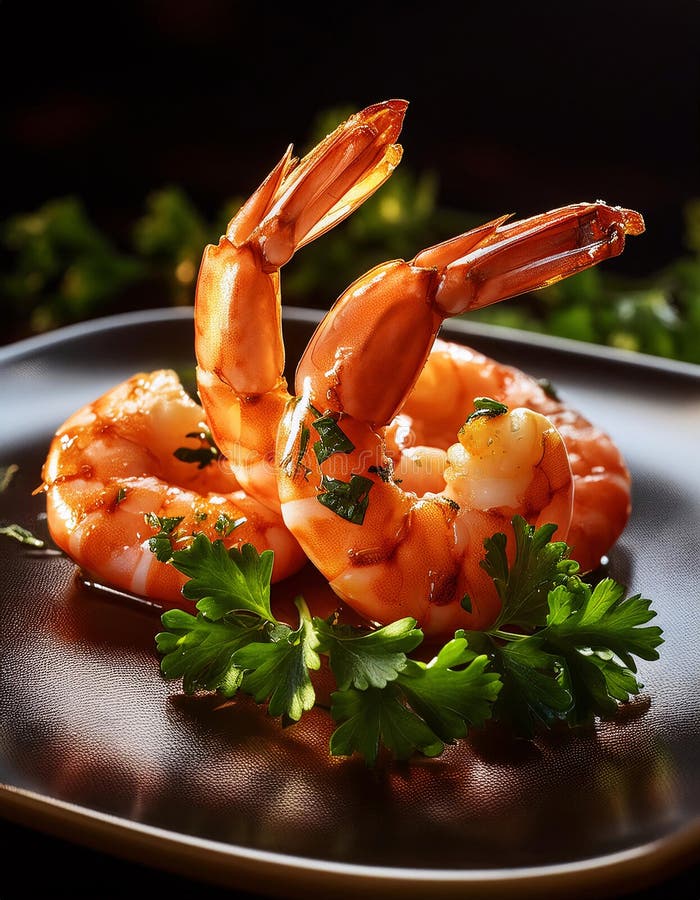 Two Large, Cooked Shrimp on a Dark Plate with Fresh Parsley. Generative ...