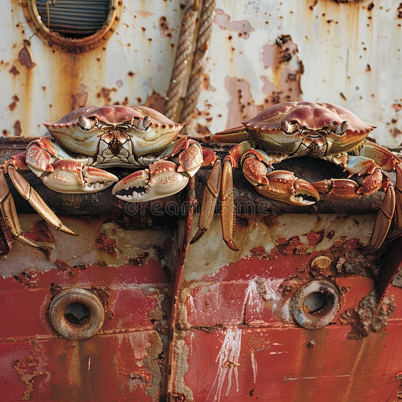 Two Crabs Perched on the Rail of a Rusty Ship Stock Illustration ...