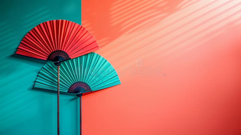 Colorful Fans Against a Vibrant Two-tone Wall in an Artistic Setting ...