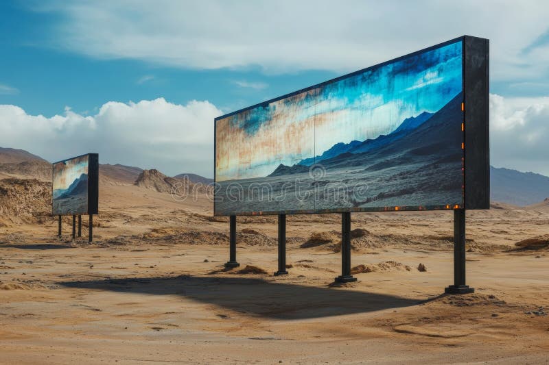 Two Large Digital Led Posters Rise in a Vast Desert, Illuminated Under ...