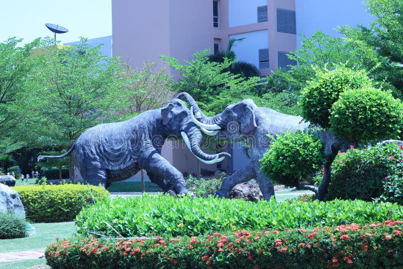 Two Large Elephant Statues Were Fighting Each Other in the Garden Stock ...