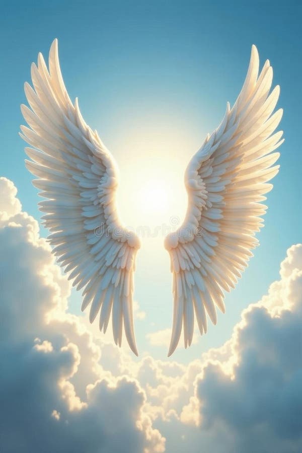 Two Large, Feathery Angel Wings Extending into a Bright, Cloud Filled ...